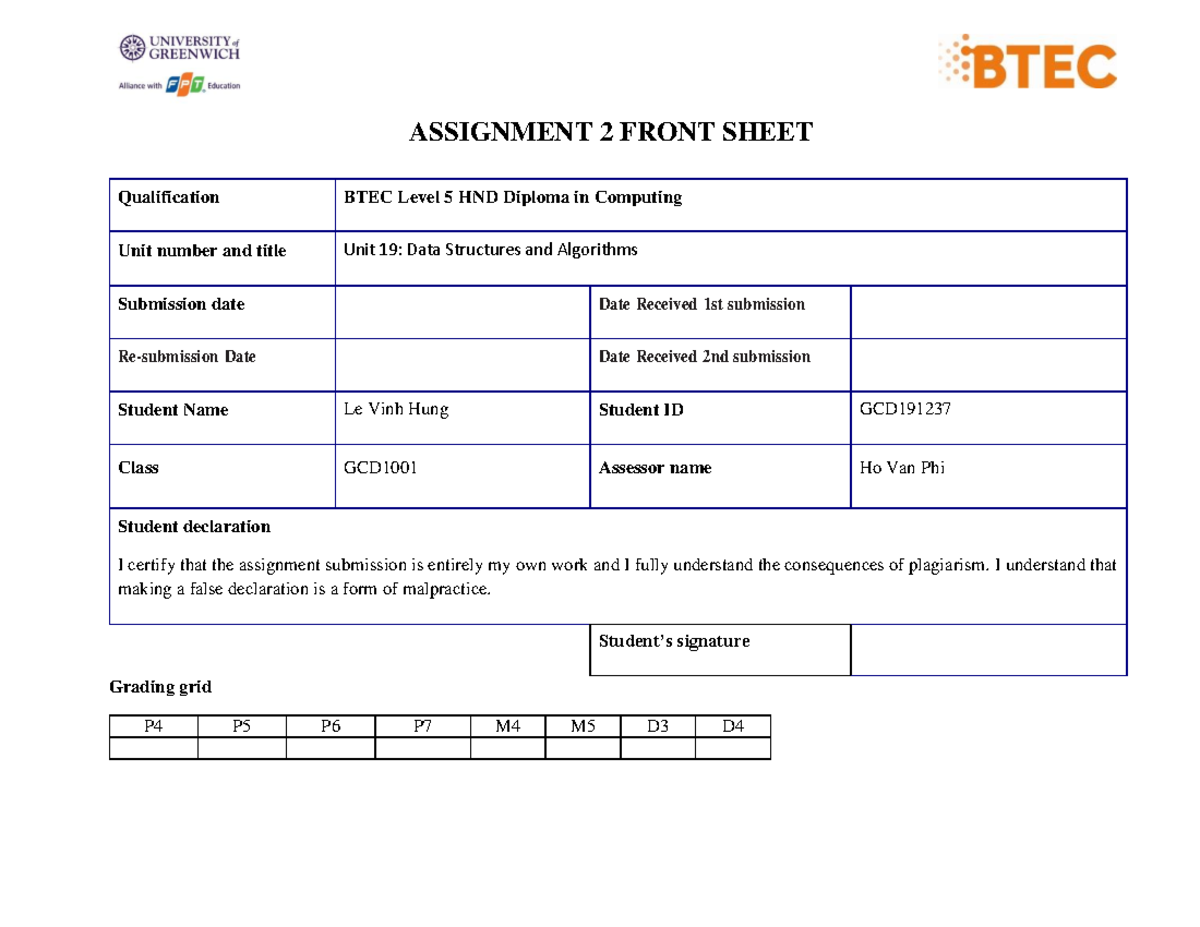 Sua P4,P5 - aaaa - ASSIGNMENT 2 FRONT SHEET Qualification BTEC Level 5 HND Diploma in Computing ...
