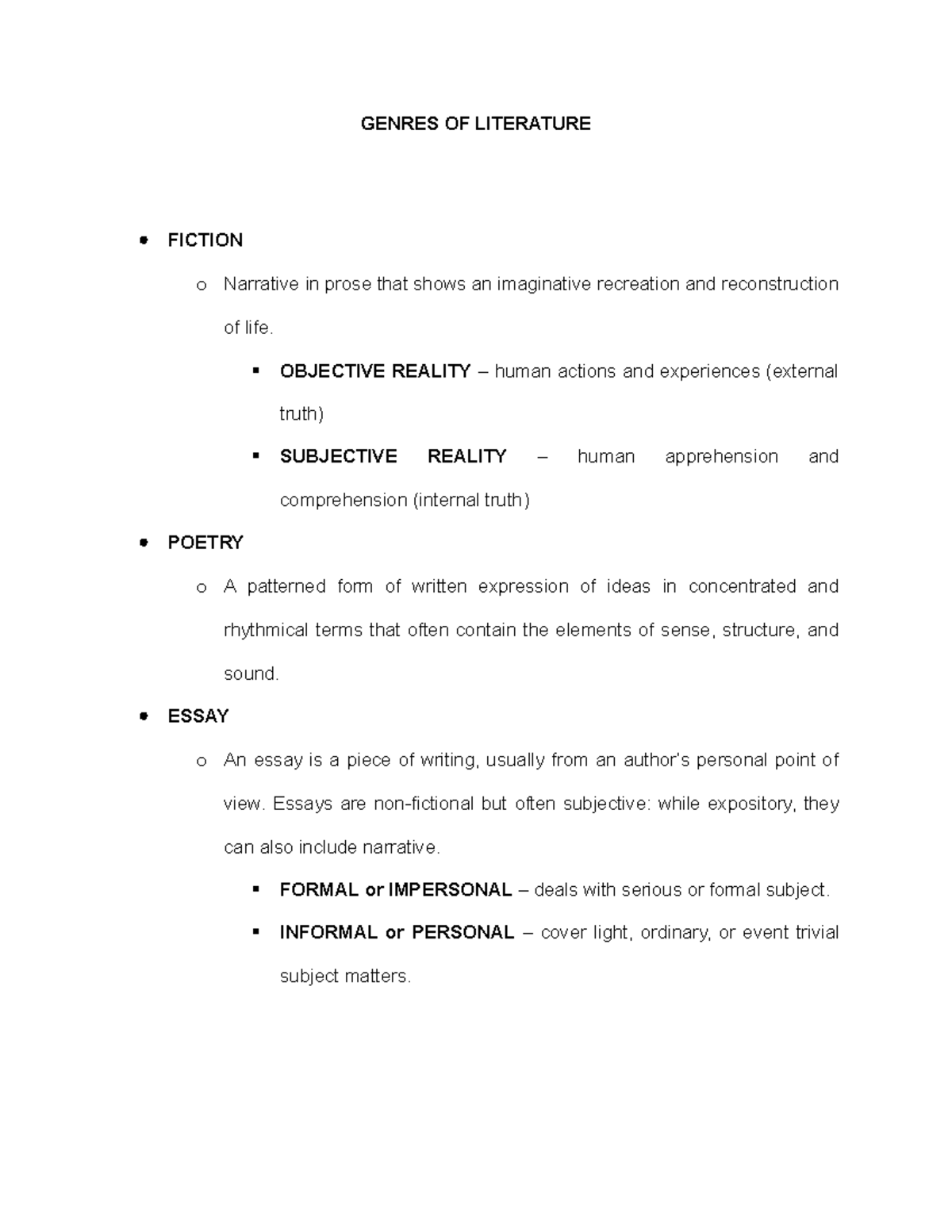 Genres Of Literature - GENRES OF LITERATURE FICTION o Narrative in ...