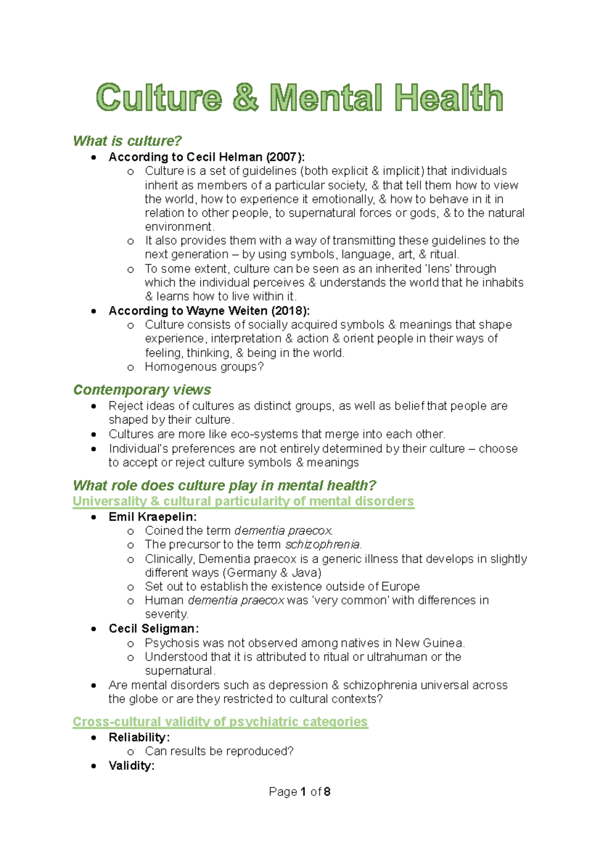 Culture and Mental Health - What is culture? According to Cecil Helman ...