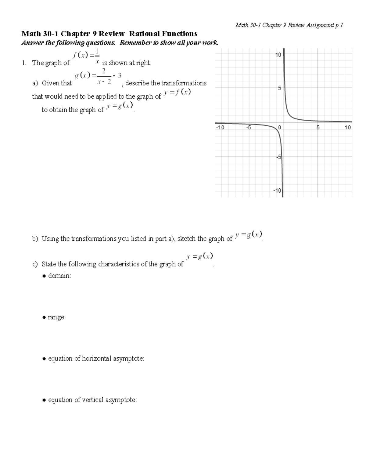 Chapter 7 Rational Functions - Math 30-1 Chapter 9 Review Rational Functions Answer the ...