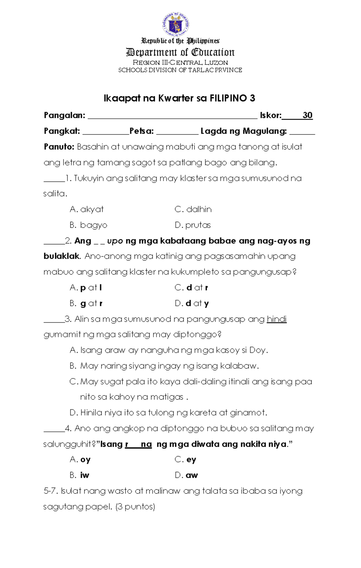 Filipino - 3 - Q4 - TEST - N/A - Republic of the Philippines Department ...