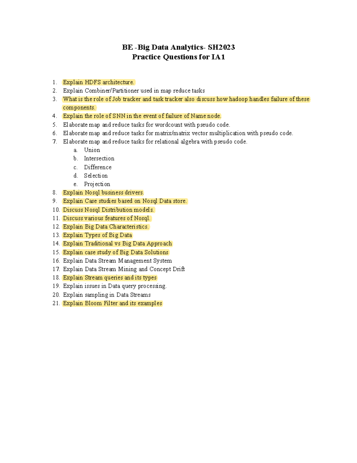 BDA-Practise Questions IA1 - BE -Big Data Analytics- SH Practice Questions for IA Explain HDFS ...