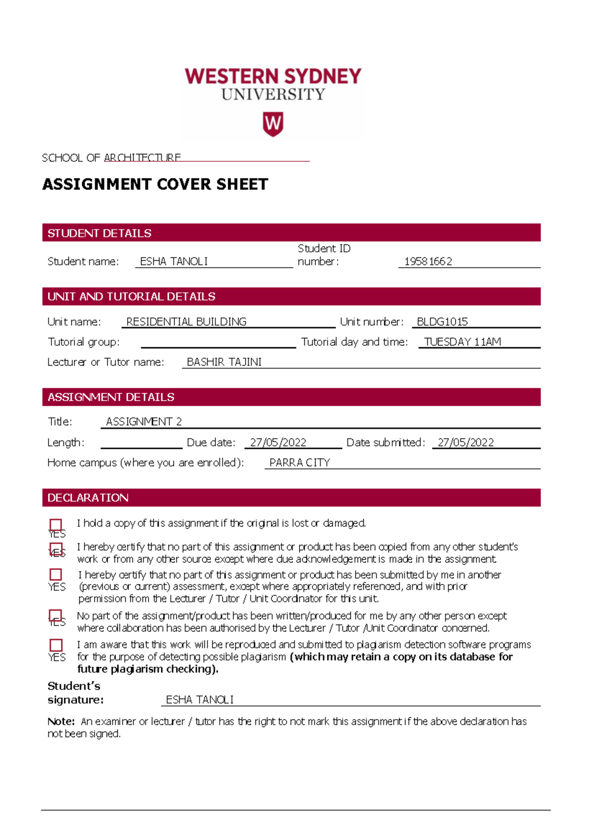 Residential-AS2-ESHA Tanoli 19581662 - SCHOOL OF ARCHITECTURE ...