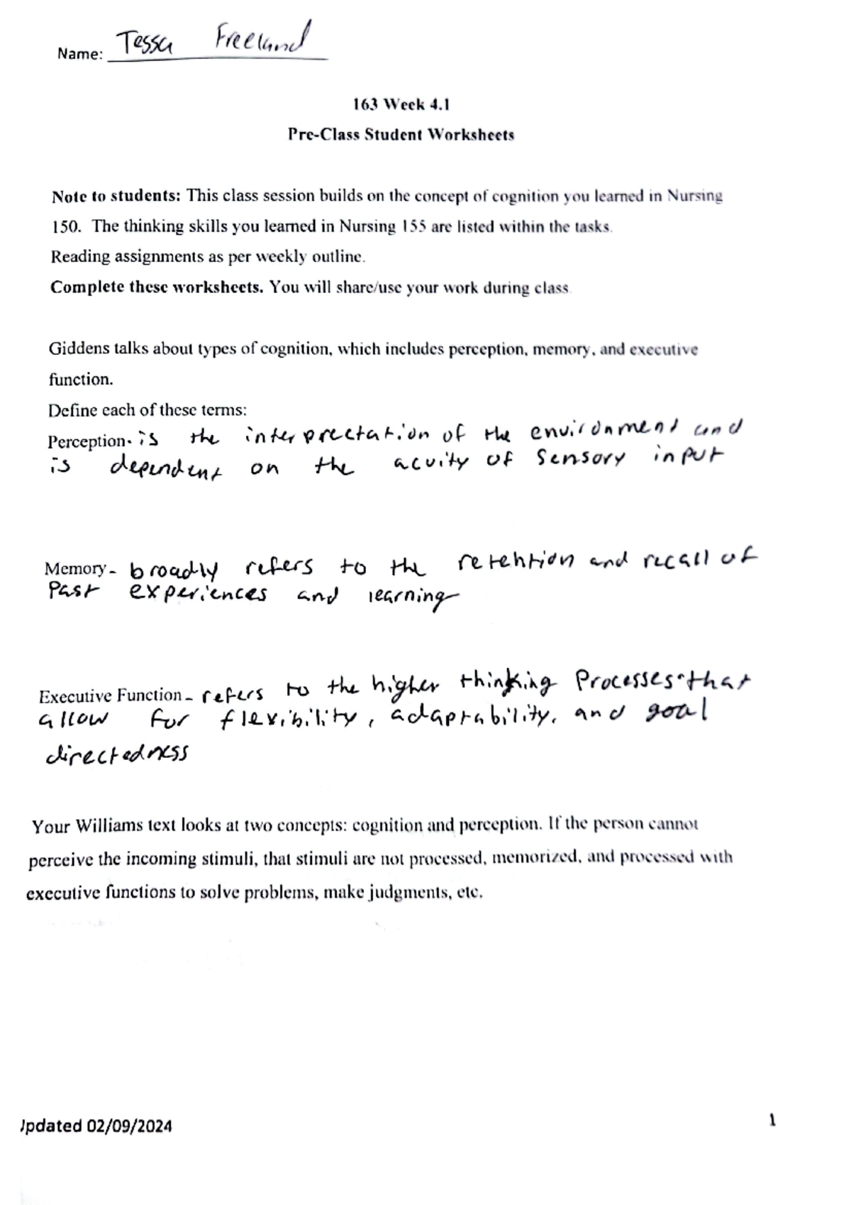 Nur 163 pre-class 4.1 - Name: Tessa Freeland 163 Week 4 Student ...