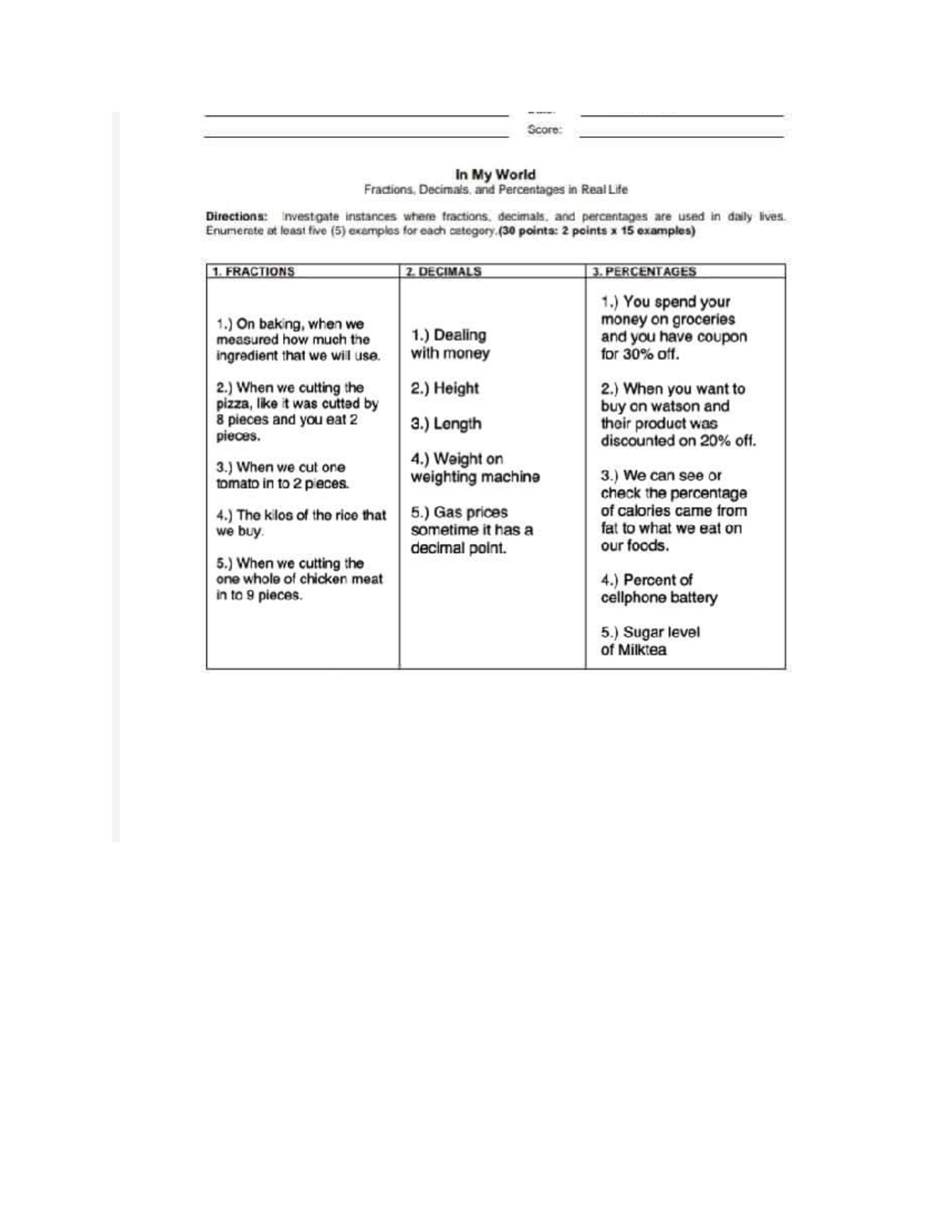 IN MY World - This is an answers for listing a Fractions, decimals, and ...