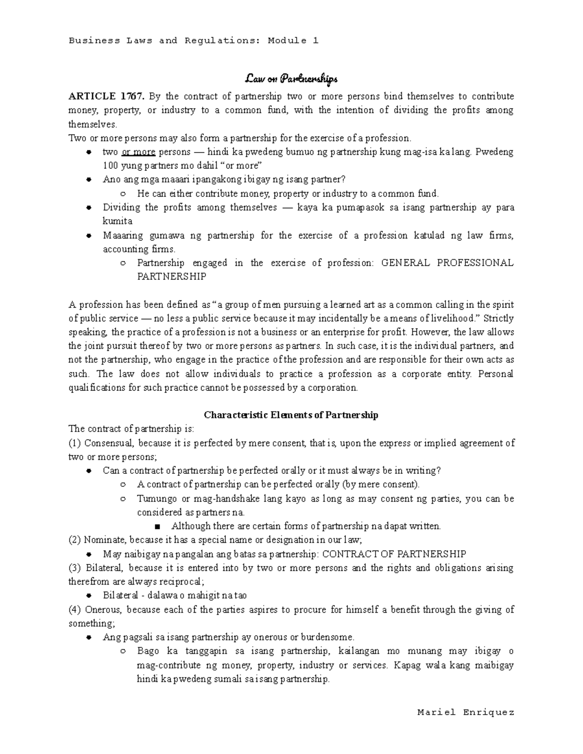 Buslaw CHAP 1 to 4 - nhuj - La o Patneshi ARTICLE 1767. By the contract ...