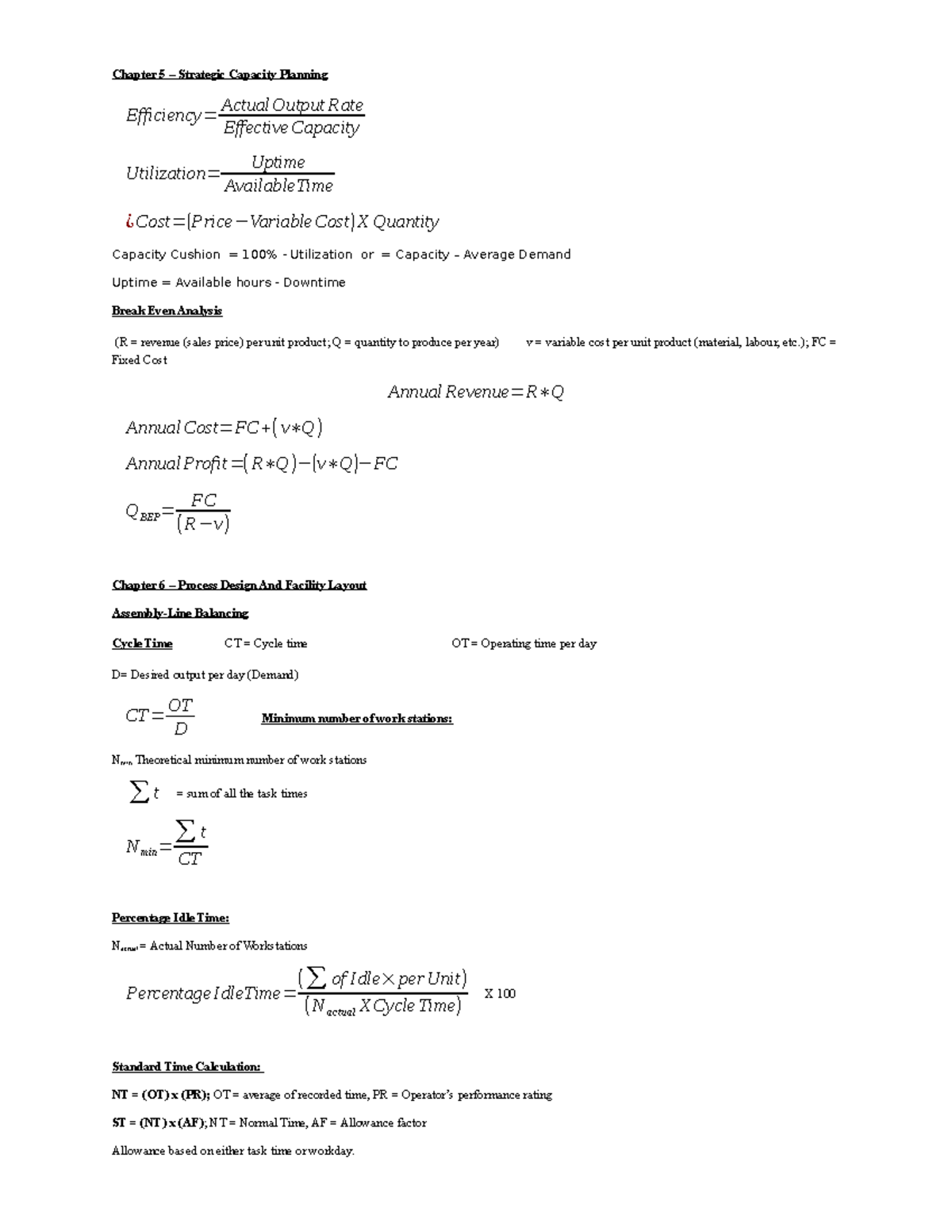 Formula Sheet - Chapter 5 – Strategic Capacity Planning Efficiency ...