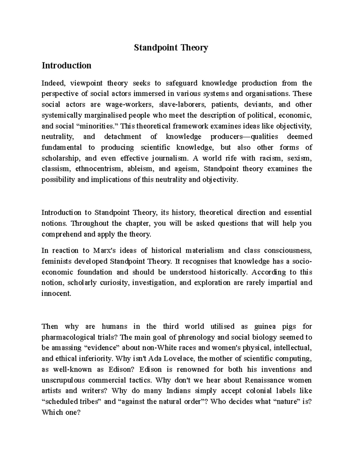 Standpoint Theory - Lecture notes 9 - Standpoint Theory Introduction ...
