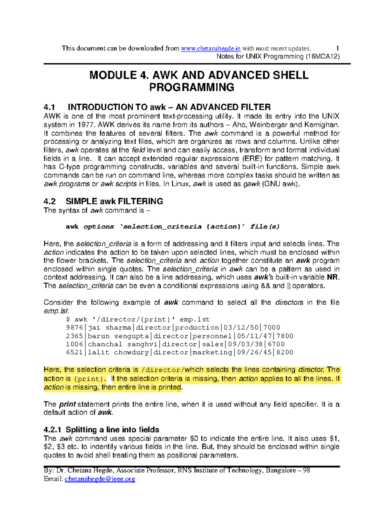 Module 4 16MCA12 UNIX - Notes for UNIX Programming (16MCA12) By: Dr ...