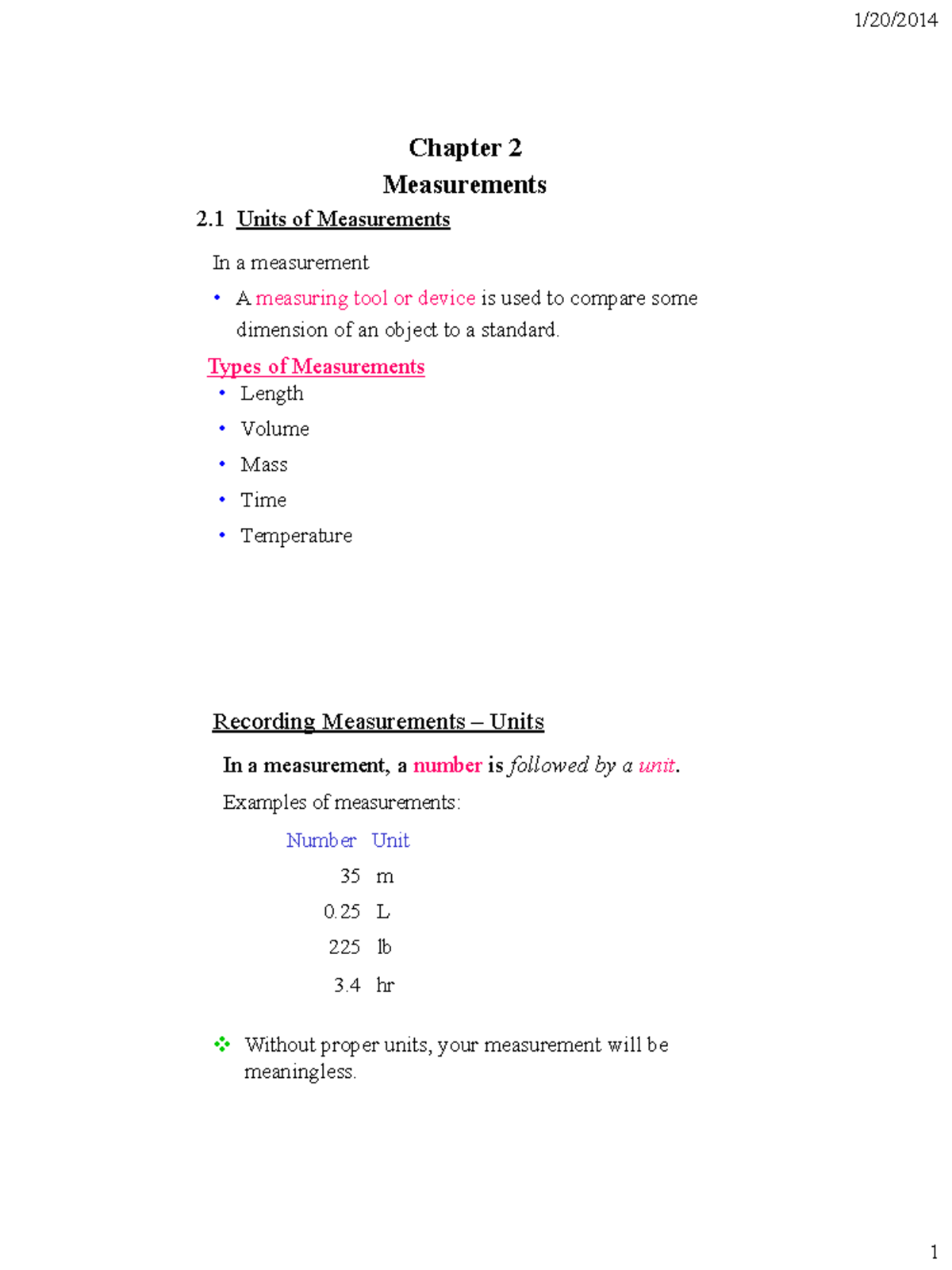 Introto Chem Lect Ch2Notes - Chapter 2 Measurements 2 Units of ...