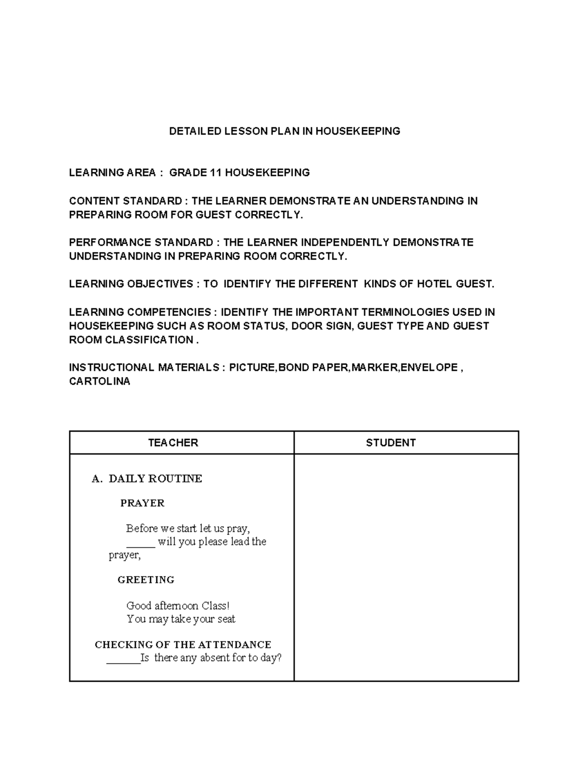 Untitled document - DETAILED LESSON PLAN IN HOUSEKEEPING LEARNING AREA ...
