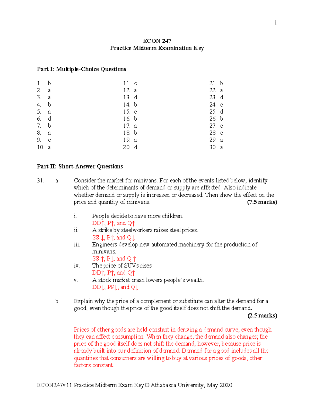 Practice Midterm Answer Key - ECON 247 Practice Midterm Examination Key Part I: Multiple-Choice ...