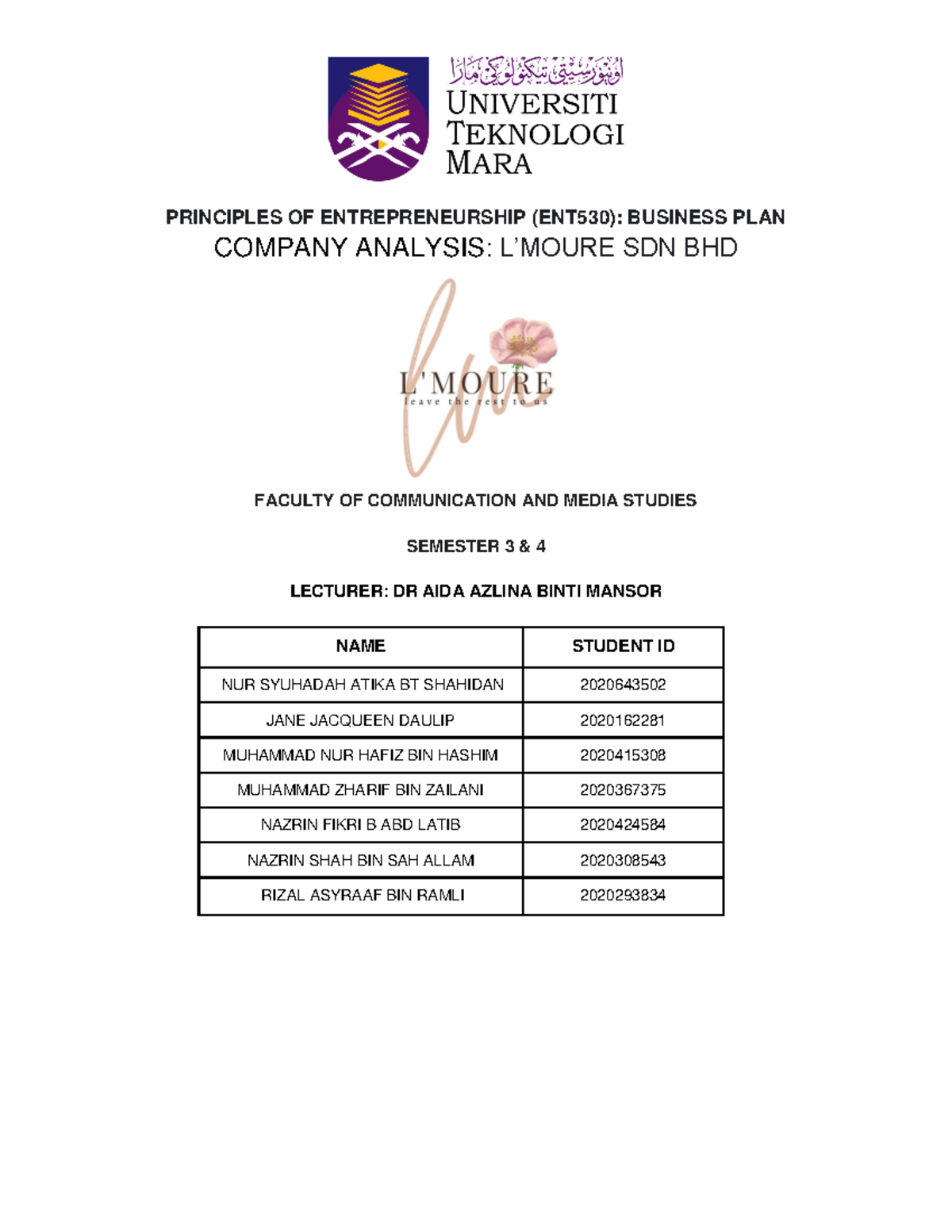 ENT530 Group 2 Lmoure SDN BHD Bussiness PLAN NMCP4A - PRINCIPLES OF ...