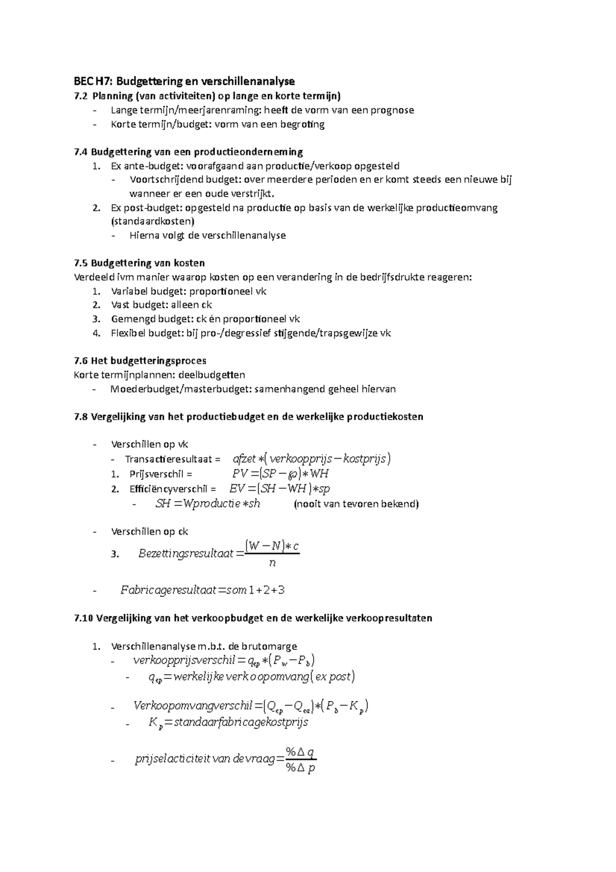 BEC H7 - Budgettering en verschillenanalyse - BEC H7: Budgettering en ...