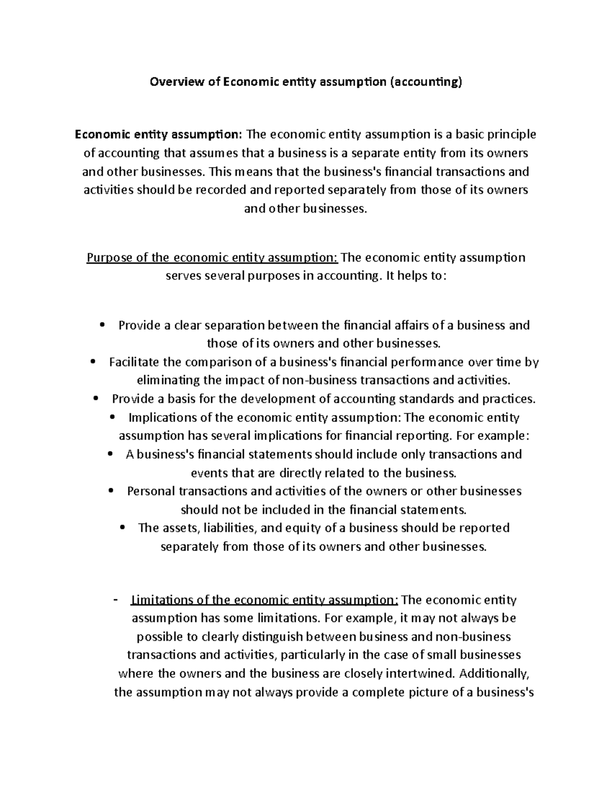 Document 84 (22) - Overview of Economic entity assumption - Overview of ...