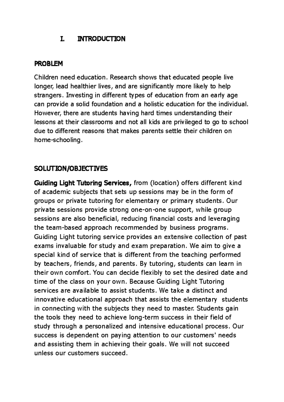 Entrep ST 3 - It is helpful - I. INTRODUCTION PROBLEM Children need ...