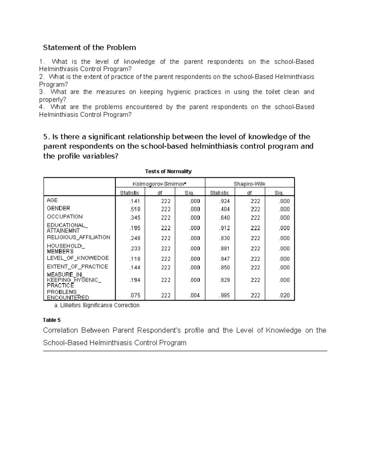 Assignment No. 5 on Significant Relationship - Statement of the Problem 1. What is the level of ...