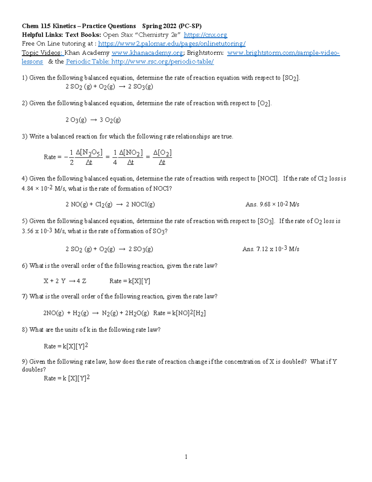 Chem 115 Ch 12 Kinetics Lecture Practice qeustions S22 (SP) Numerical ...