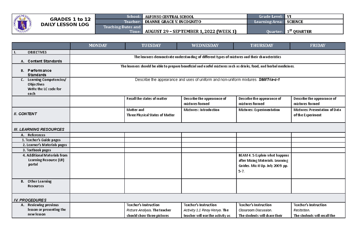 DLL Science 6 Q1 W1 - daily lesson log - GRADES 1 to 12 DAILY LESSON LOG School: ALFONSO CENTRAL ...