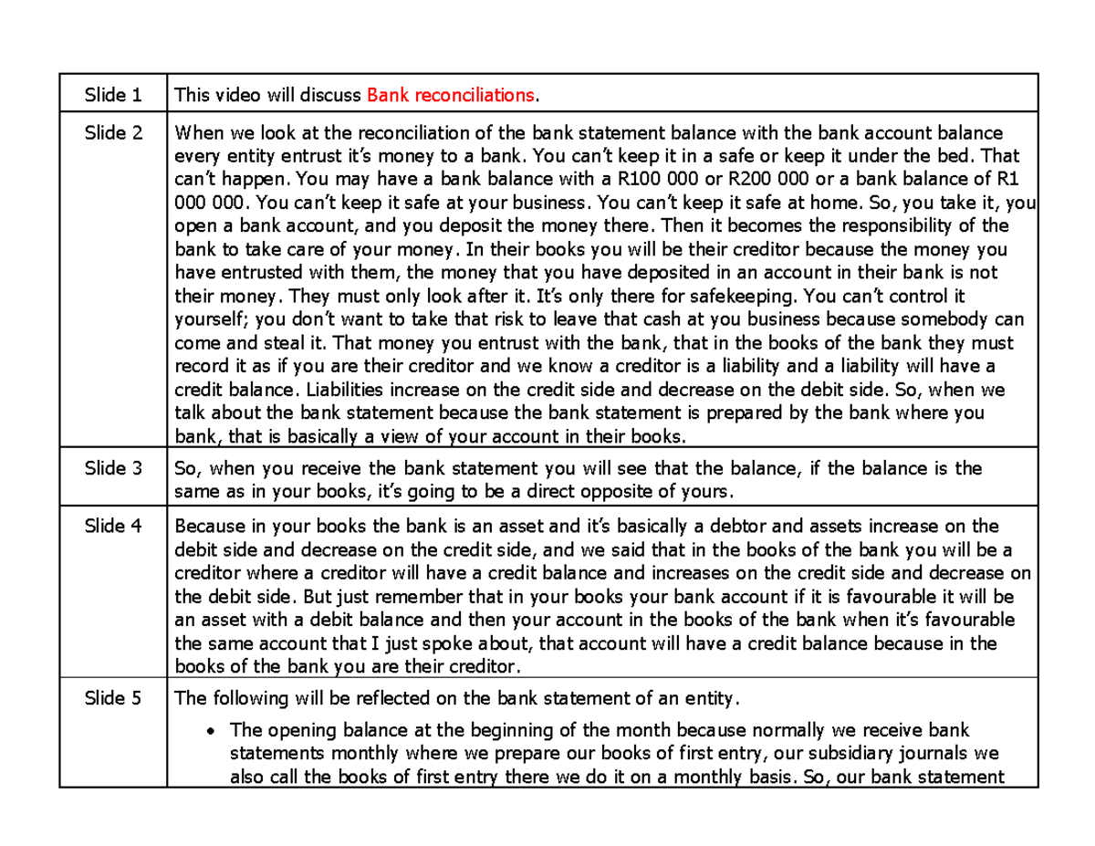 Transcript for Bank Reconciliations video - Slide 1 This video will ...