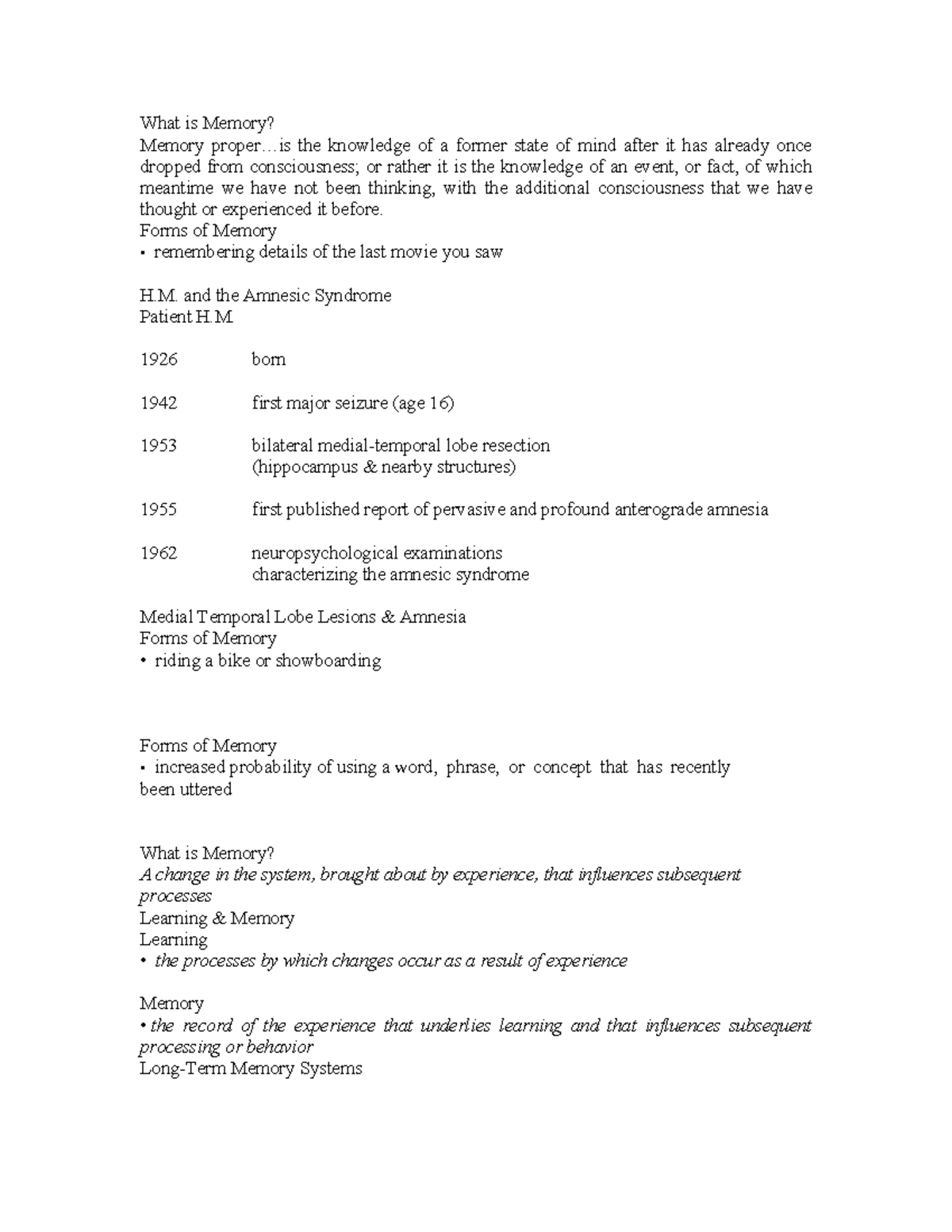 L1 - Lecture outline for an introductory lecture on human memory and ...