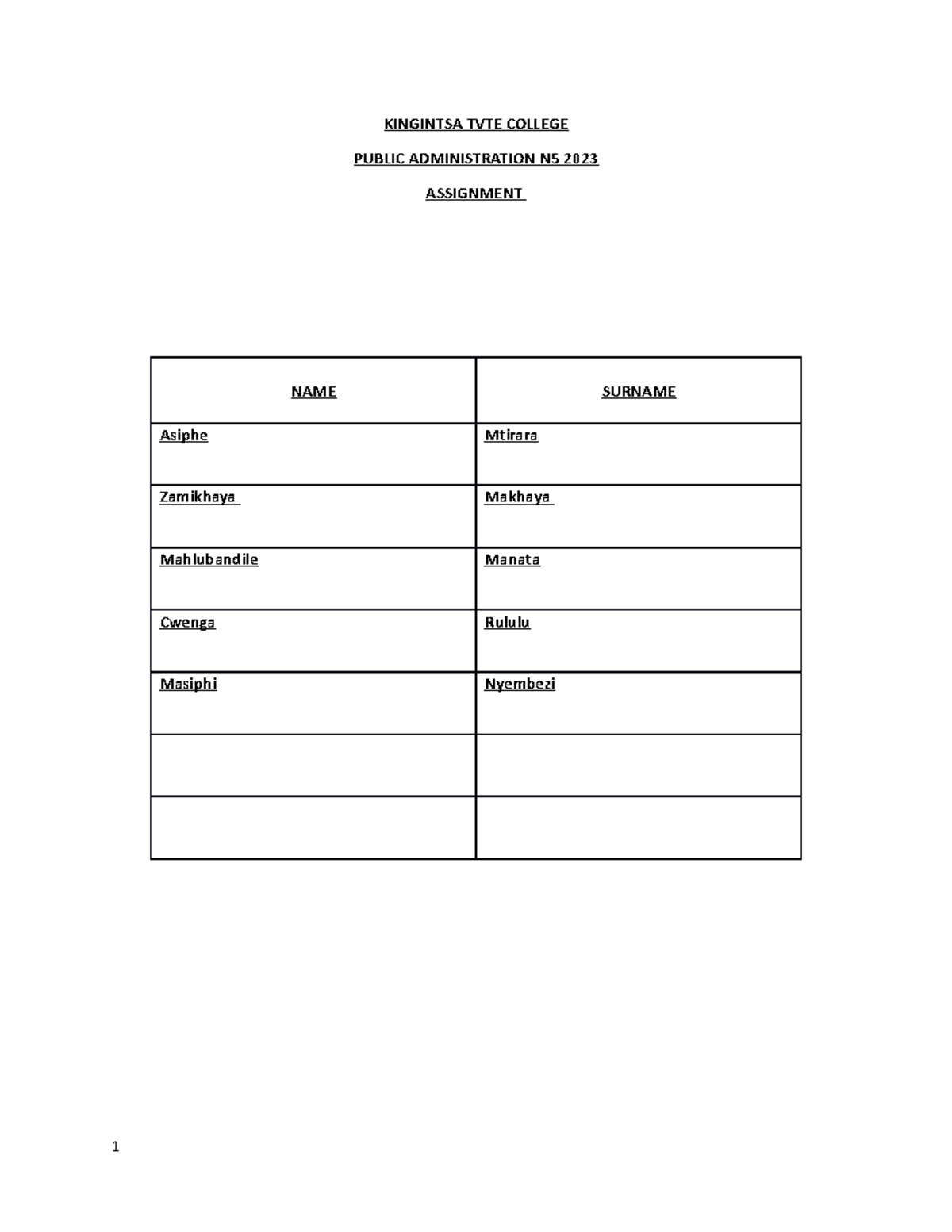 Public Administration Assignment - KINGINTSA TVTE COLLEGE PUBLIC ...