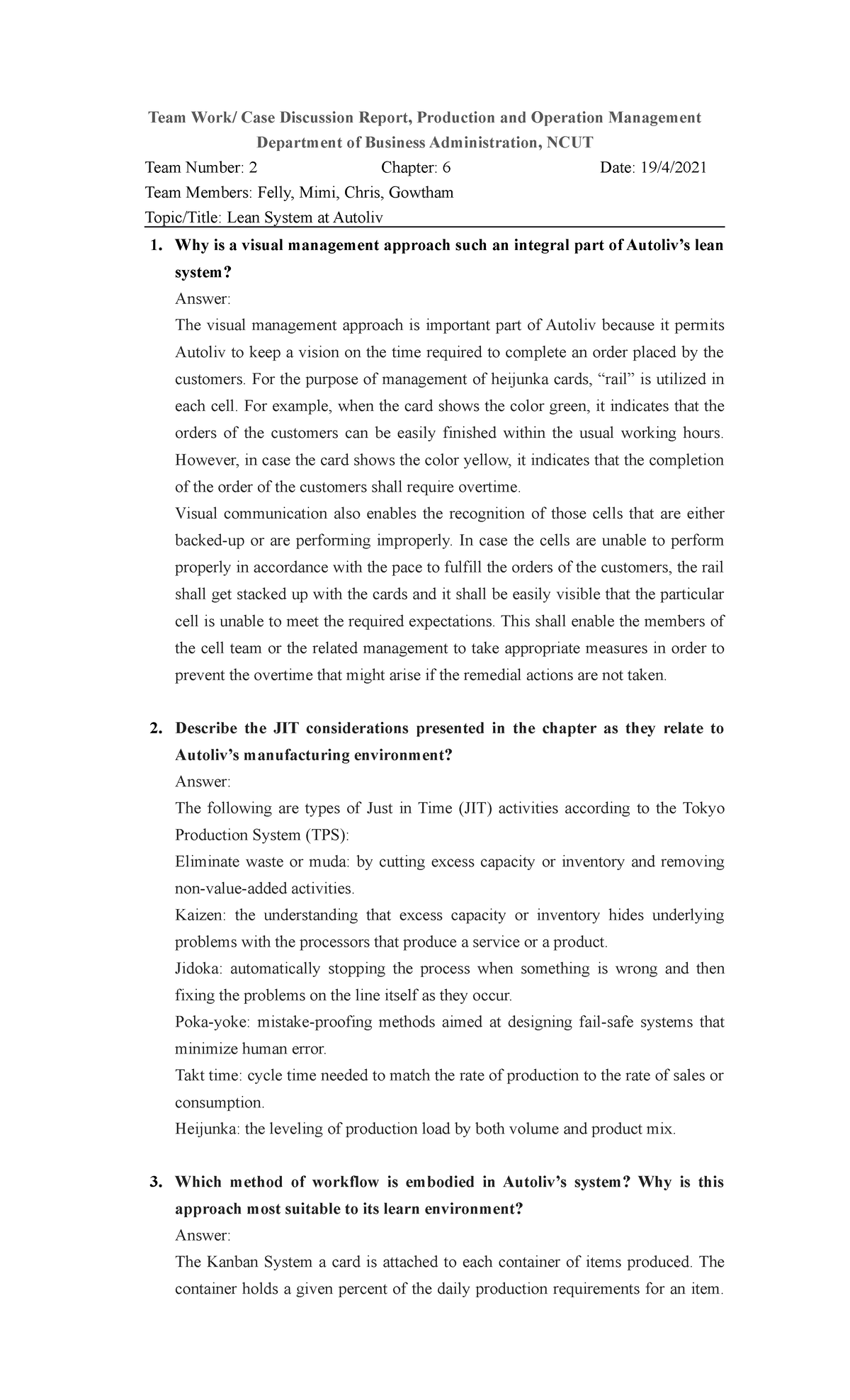 Case 6 Lean System at Autoliv - Team Work/ Case Discussion Report ...