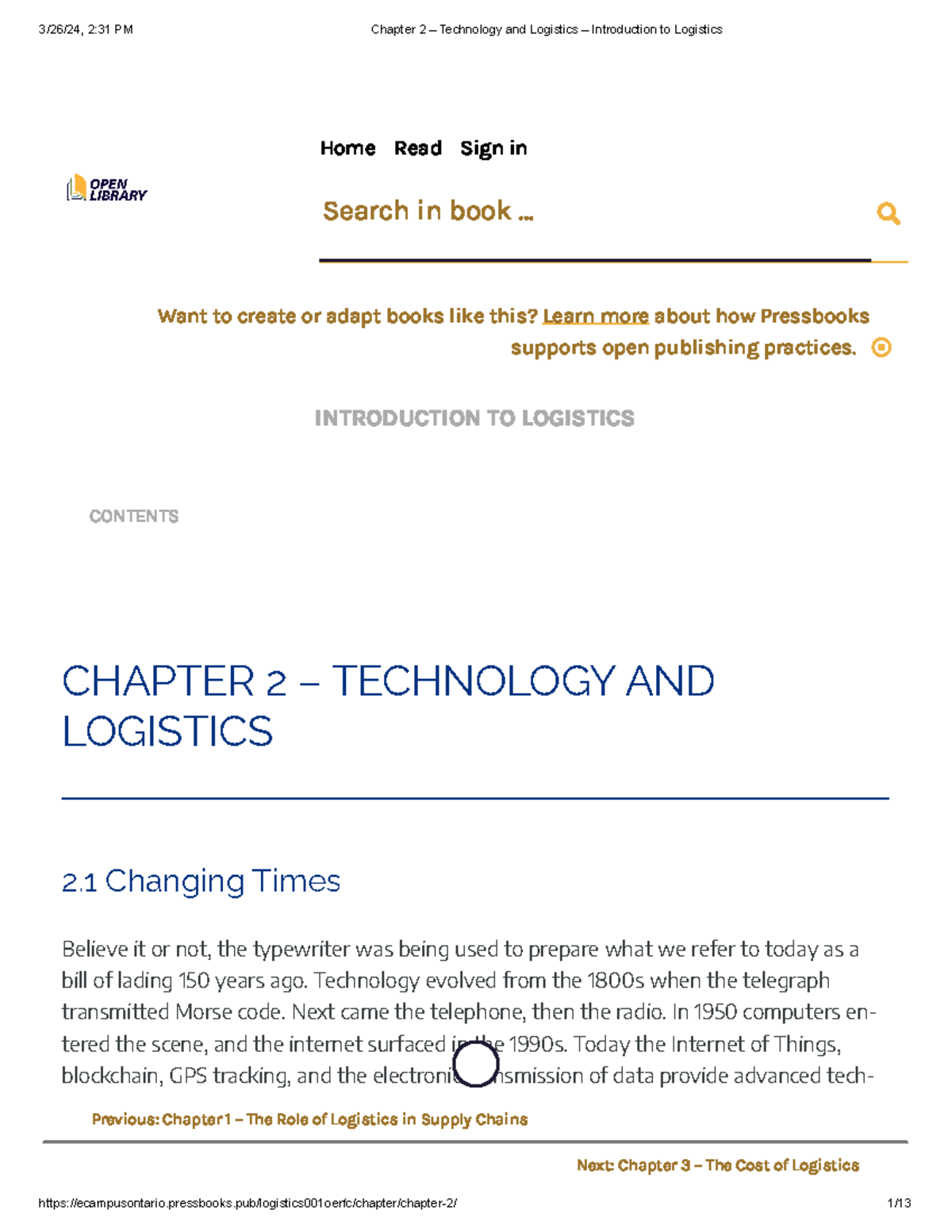 Chapter 2 – Technology and Logistics – Introduction to Logistics - Home Read Sign in Want to ...