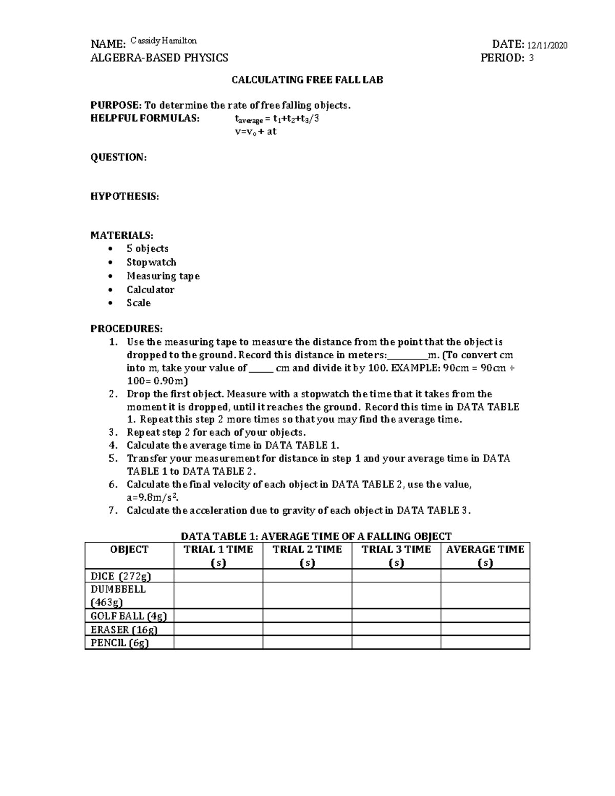 Cassidy Hamilton - Calculating FREE FALL LAB Revised - NAME: DATE ...