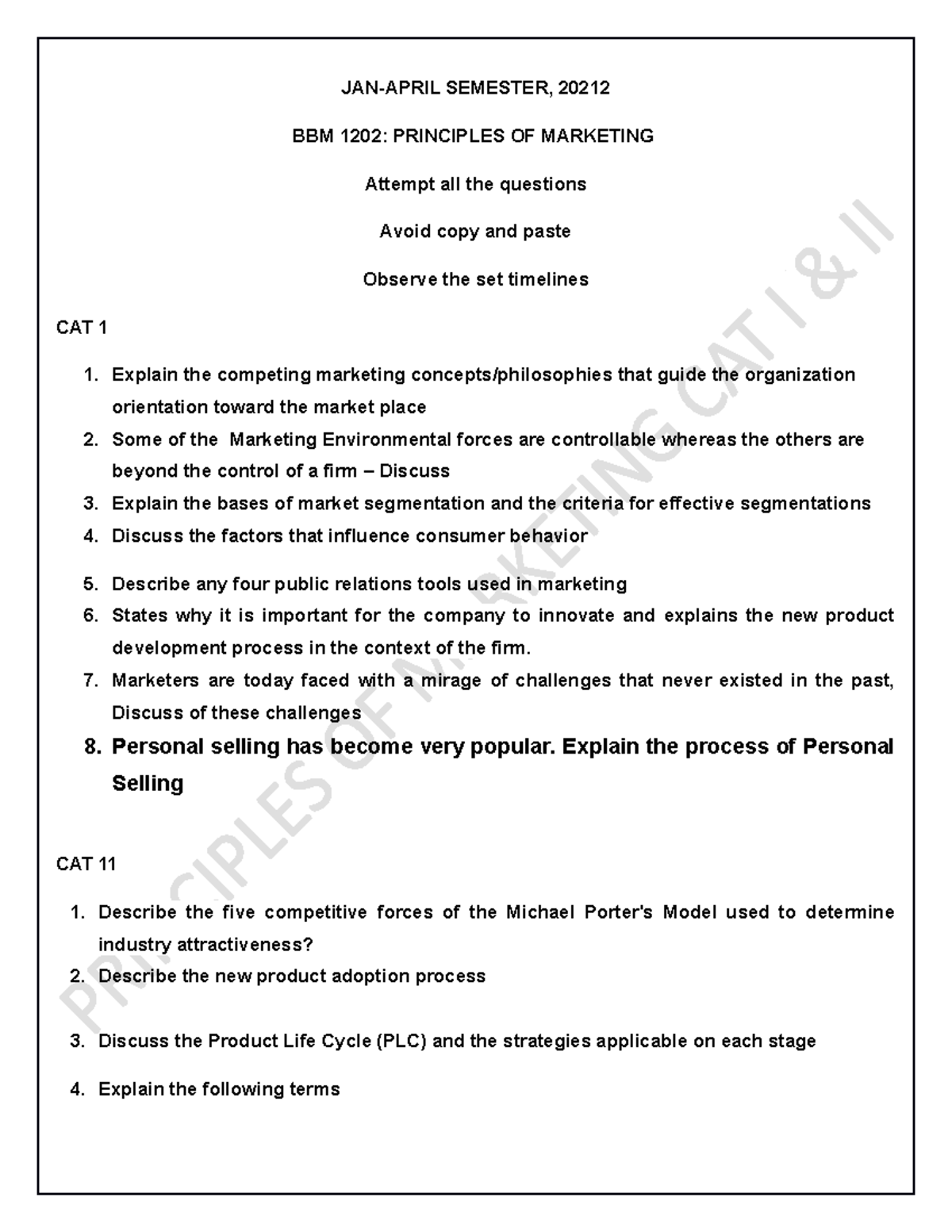 principle of marketing assignment - JAN-APRIL SEMESTER, 20212 BBM 1202 ...