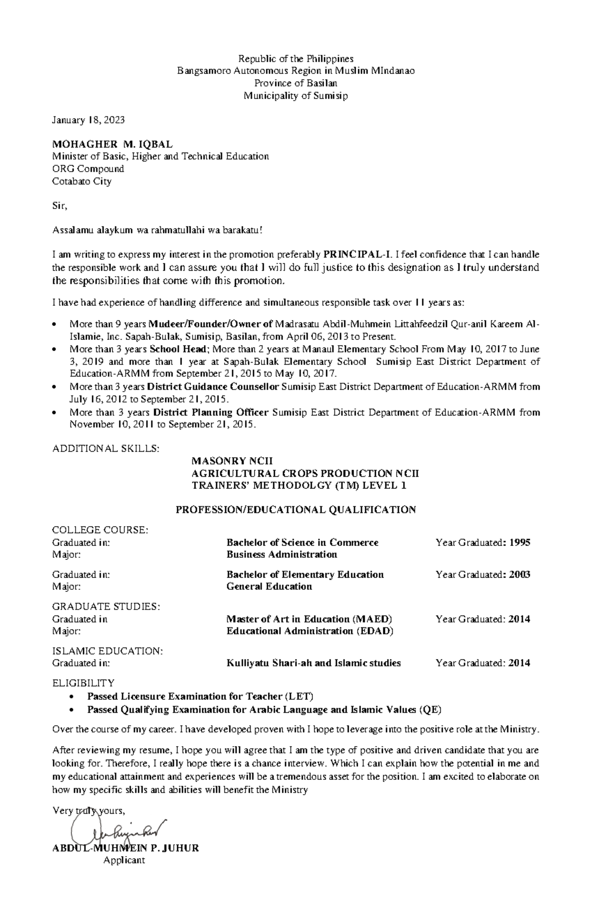 Application Letter - Copy - Republic of the Philippines Bangsamoro ...