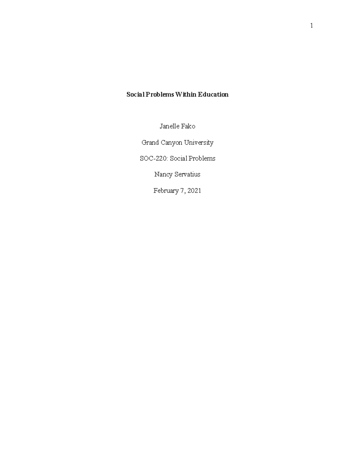 SOC-220 - Worksheet - Social Problems Within Education Janelle Fako ...