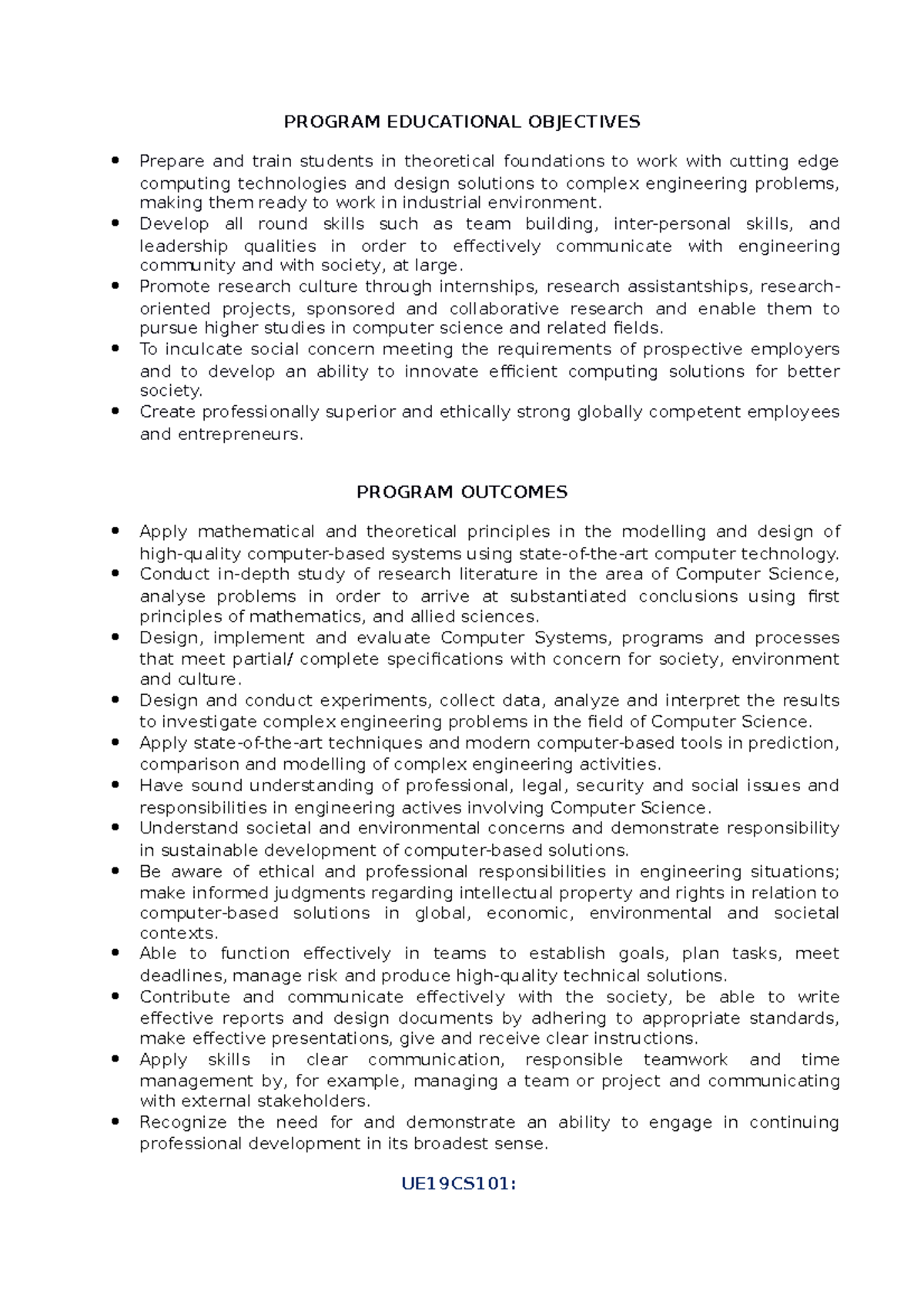 CSE Curriculum 2019 2020 - PROGRAM EDUCATIONAL OBJECTIVES Prepare and ...