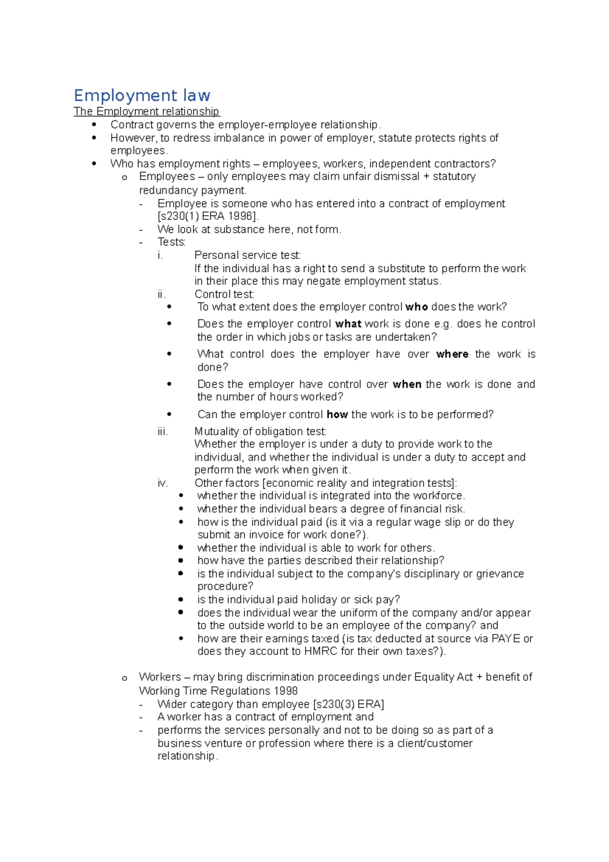 Employment law - SUMMARY - Employment law The Employment relationship ...