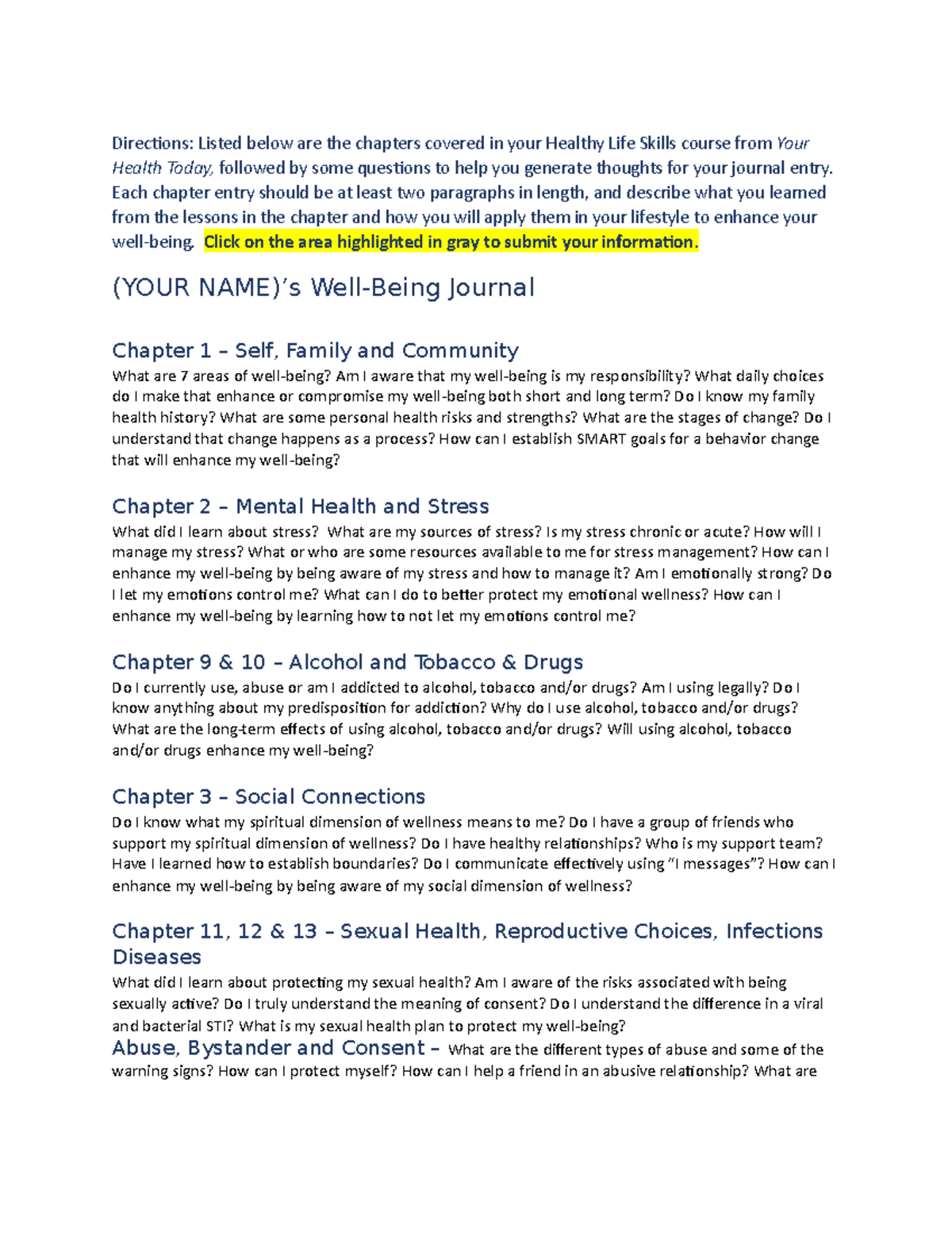 Well-Being Journal - Directions: Listed below are the chapters covered ...