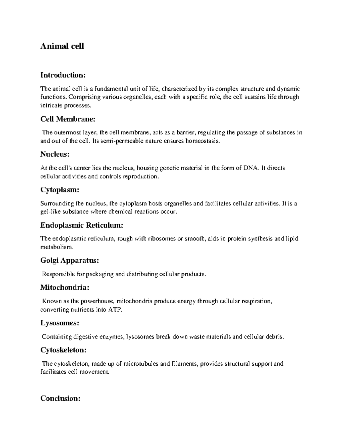 Animal cell - asingments - Animal cell Introduction: The animal cell is ...