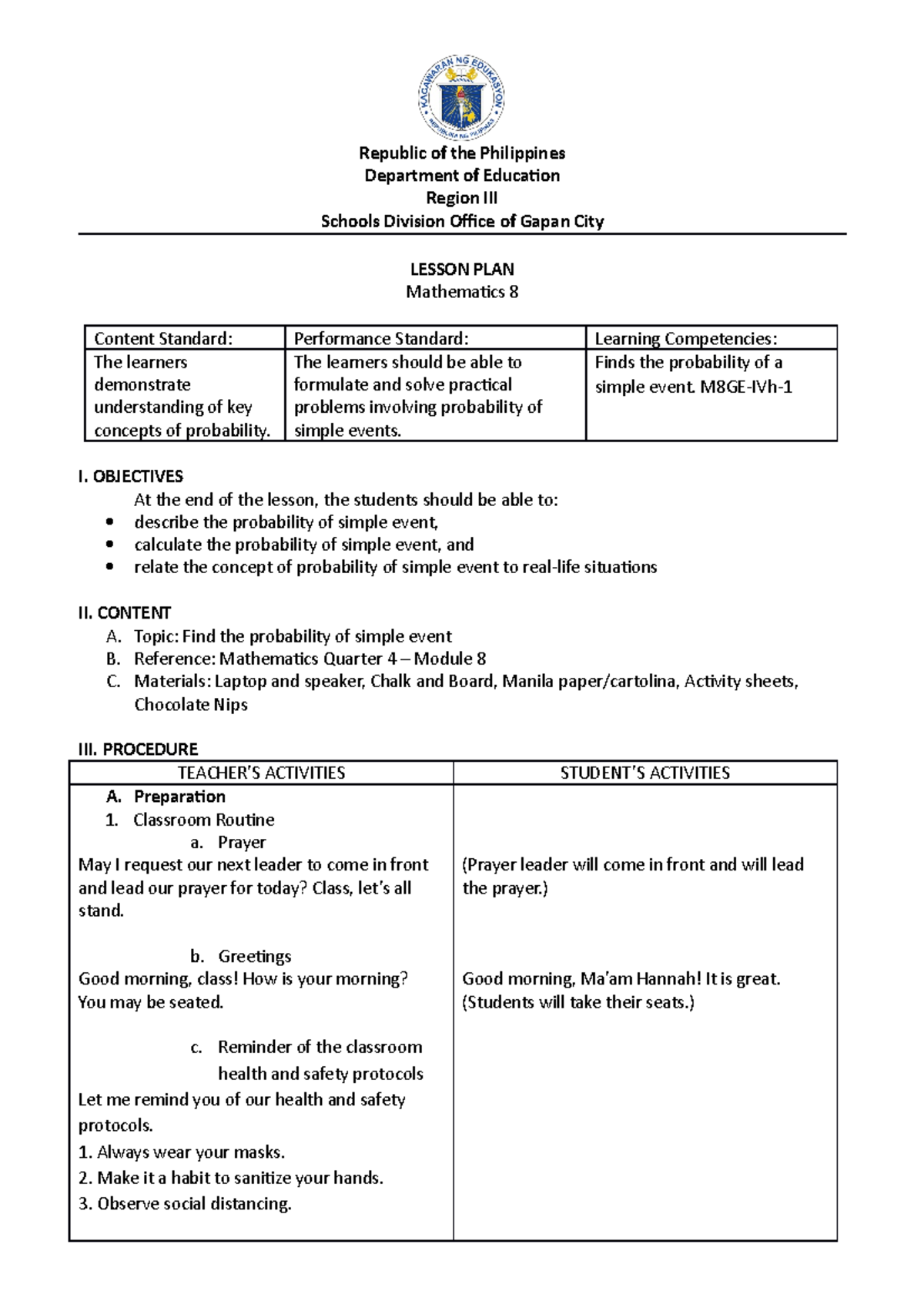 Cot1 demo math - COT - Republic of the Philippines Department of ...