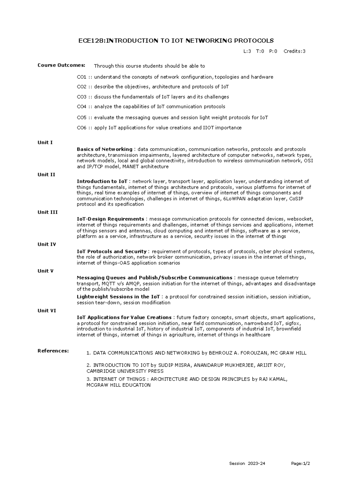 Frm Course Syllabus IPDownload - ECE128:INTRODUCTION TO IOT NETWORKING PROTOCOLS Course Outcomes ...