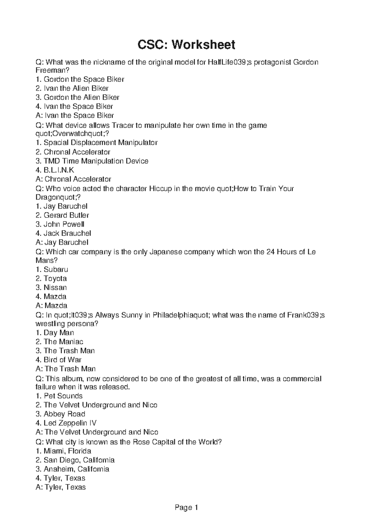 CSC161 Exercise 1 - asdasdawad - CSC: Worksheet Q: What was the ...