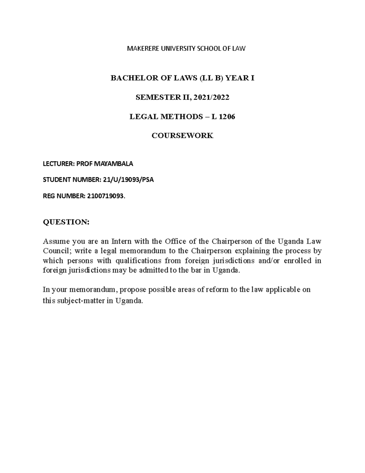 Aboke Elizabeth Legal Methods Course WORK (Autosaved) - MAKERERE ...