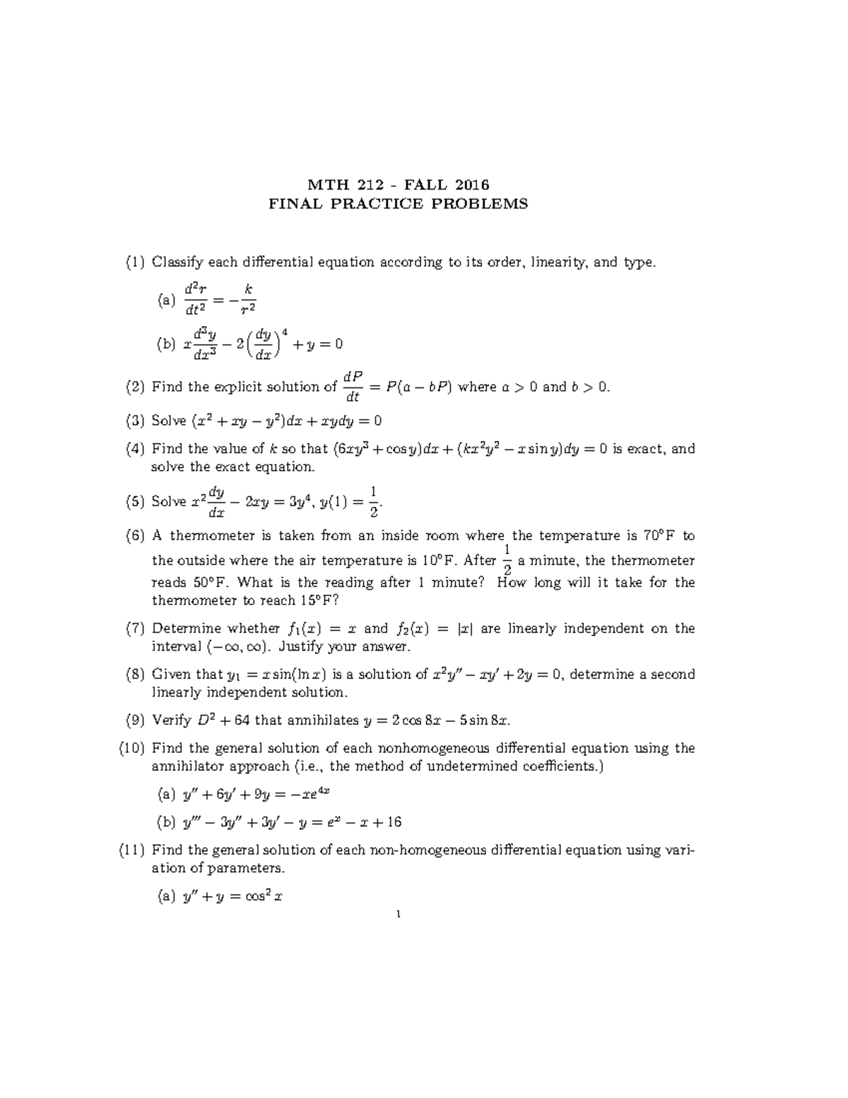 MTH 212 Final Practice Problems - MTH 212 - FALL 2016 FINAL PRACTICE ...