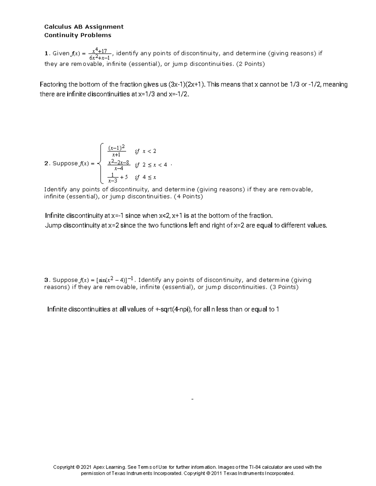 Calculus AB: Continuity Problems Assignment for Final Exam - Calculus ...