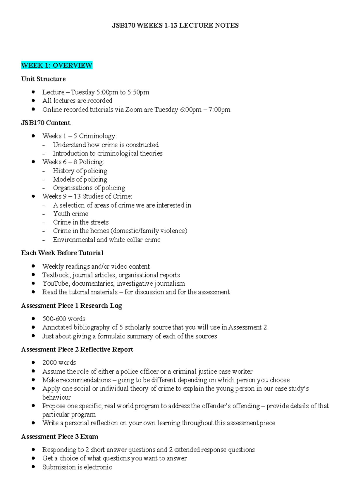 Weeks 1-13 Lecture Notes - JSB170 - QUT - Studocu