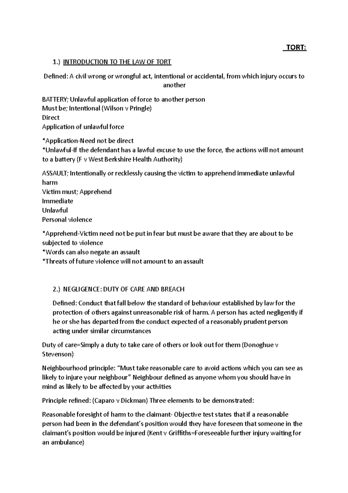 Tort Notes x - TORT: 1.) INTRODUCTION TO THE LAW OF TORT Defined: A ...