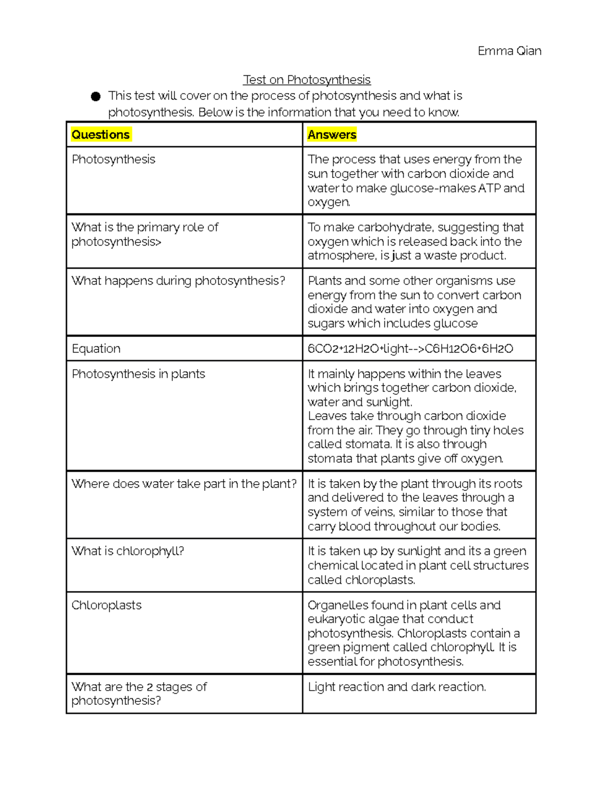 Practice test on photosynthesis - Test on Photosynthesis This test will ...