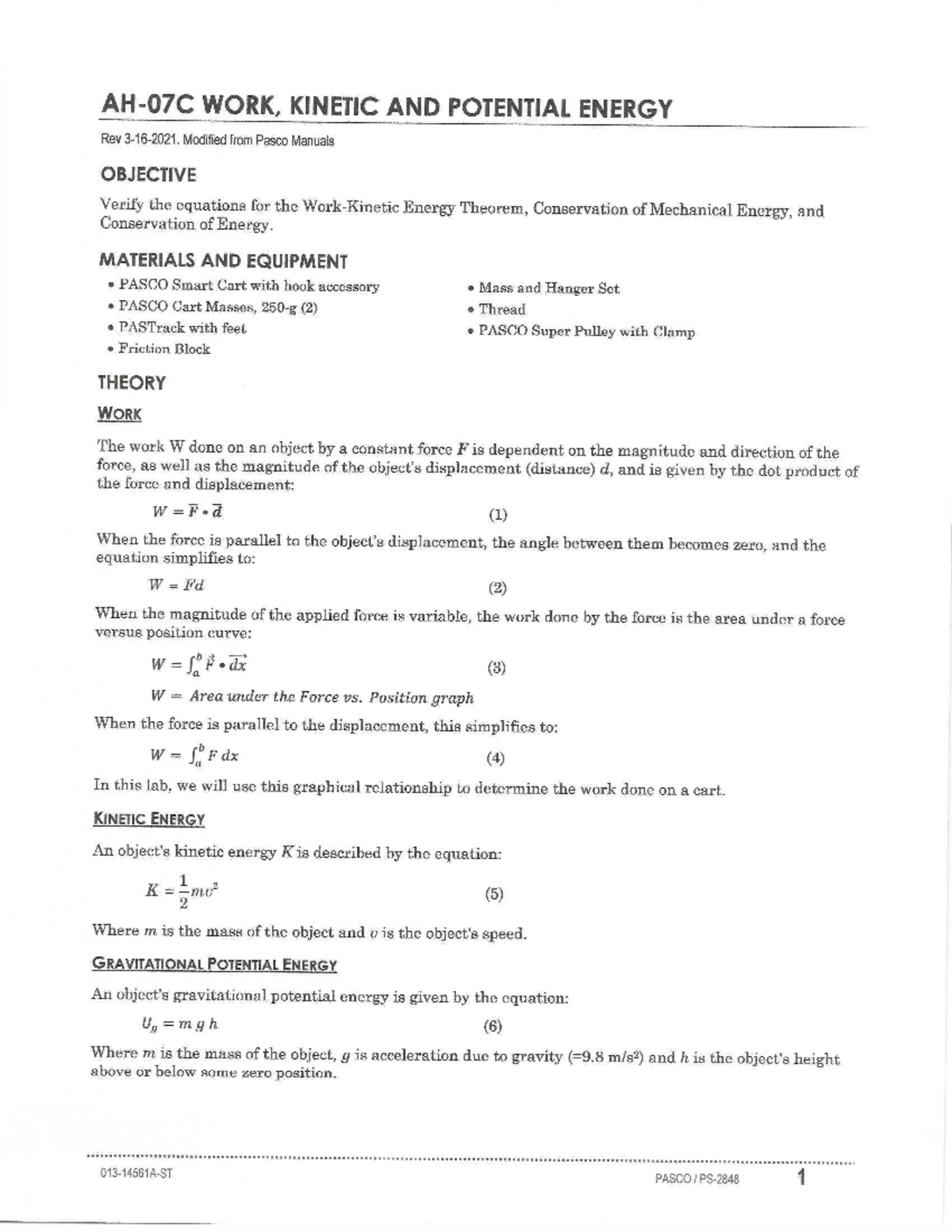 6. Work, KE, PE - Wireless - PHYS 1311 - Studocu