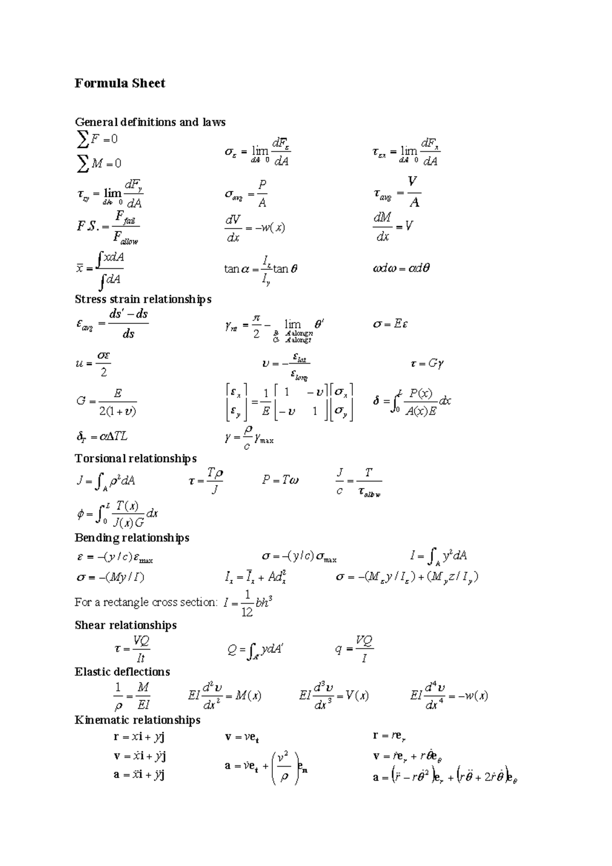 ENGR2000 4 S1 18final formulasheet - Formula Sheet General definitions ...