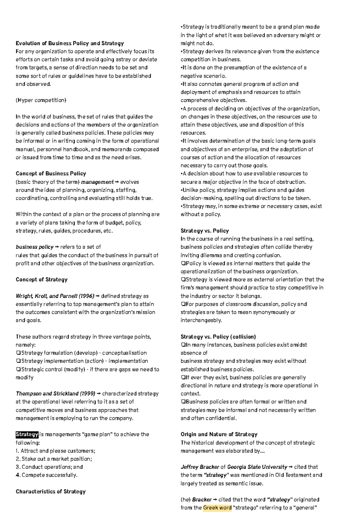 Strategic management notes - Evolution of Business Policy and Strategy ...
