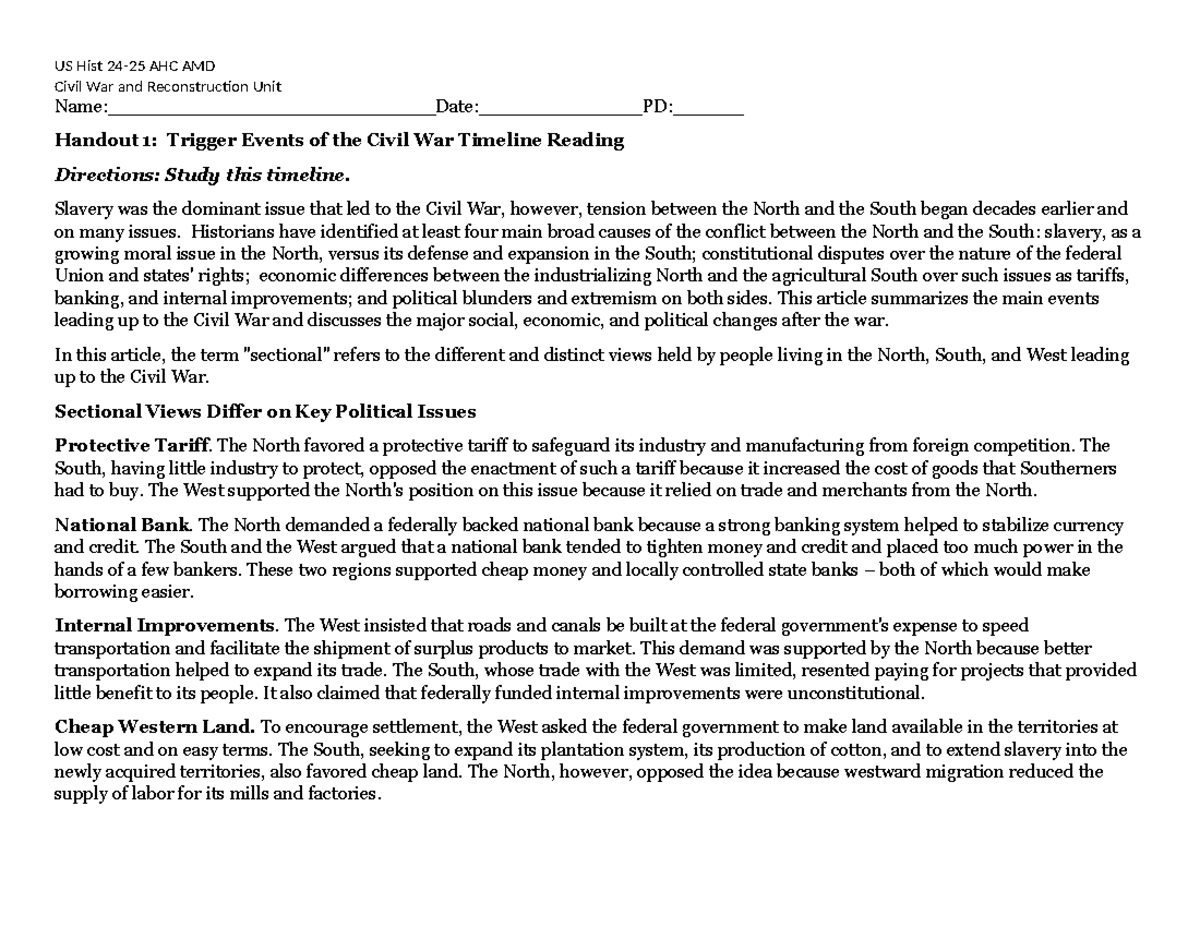 01 HD 1 Trigger Events of the Civil War Reading - Civil War and ...