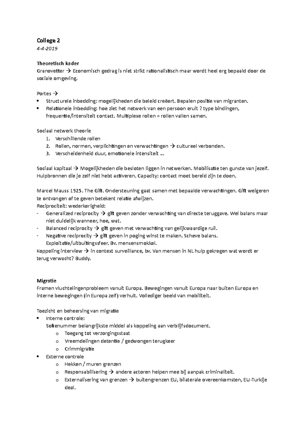 College 2 - College 2 4-4- Theoretisch kader Granovetter Economisch gedrag is niet strikt ...